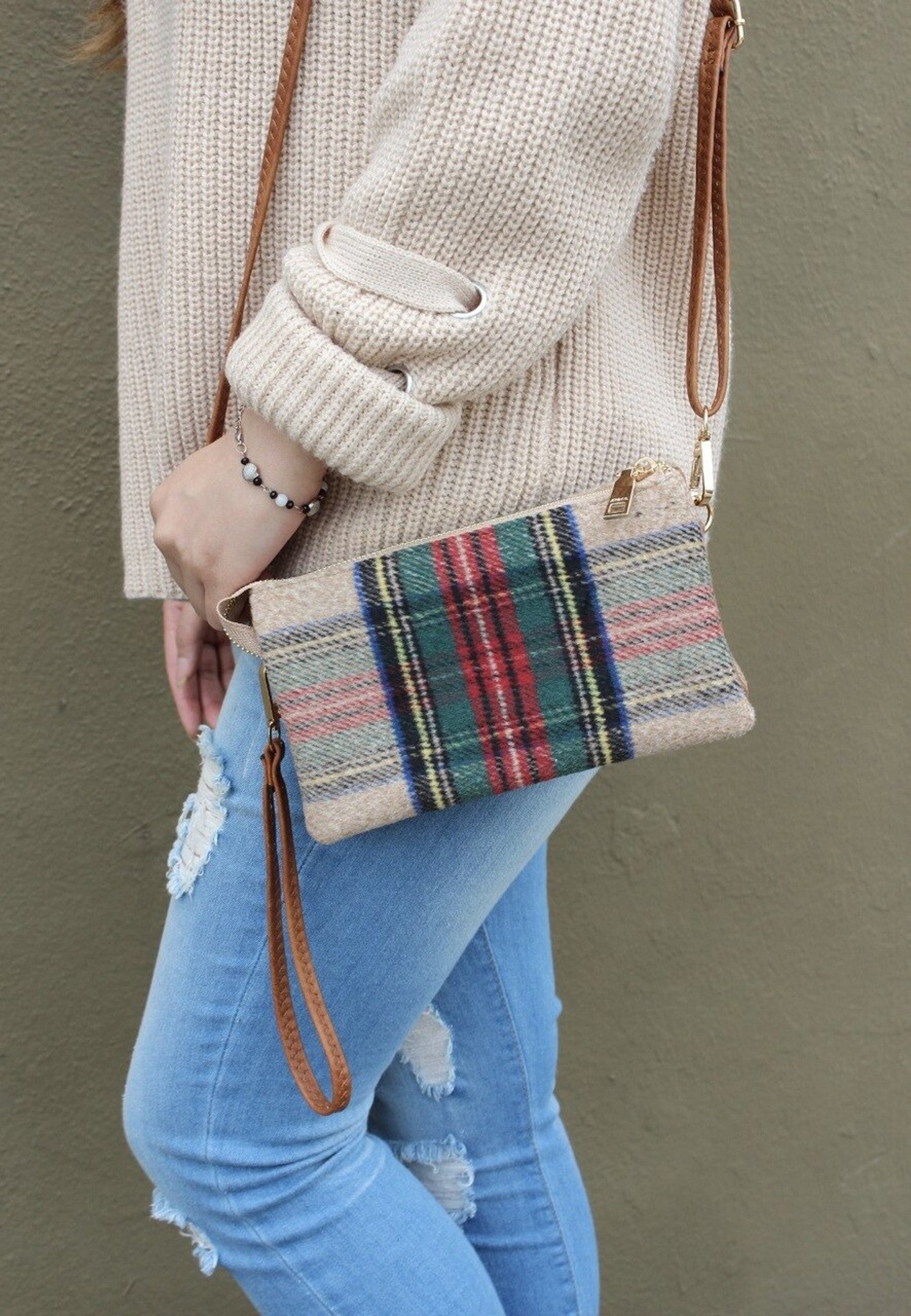 M013PLD Riley Plaid 3 Compartment Crossbody/Wristlet – Honeytote